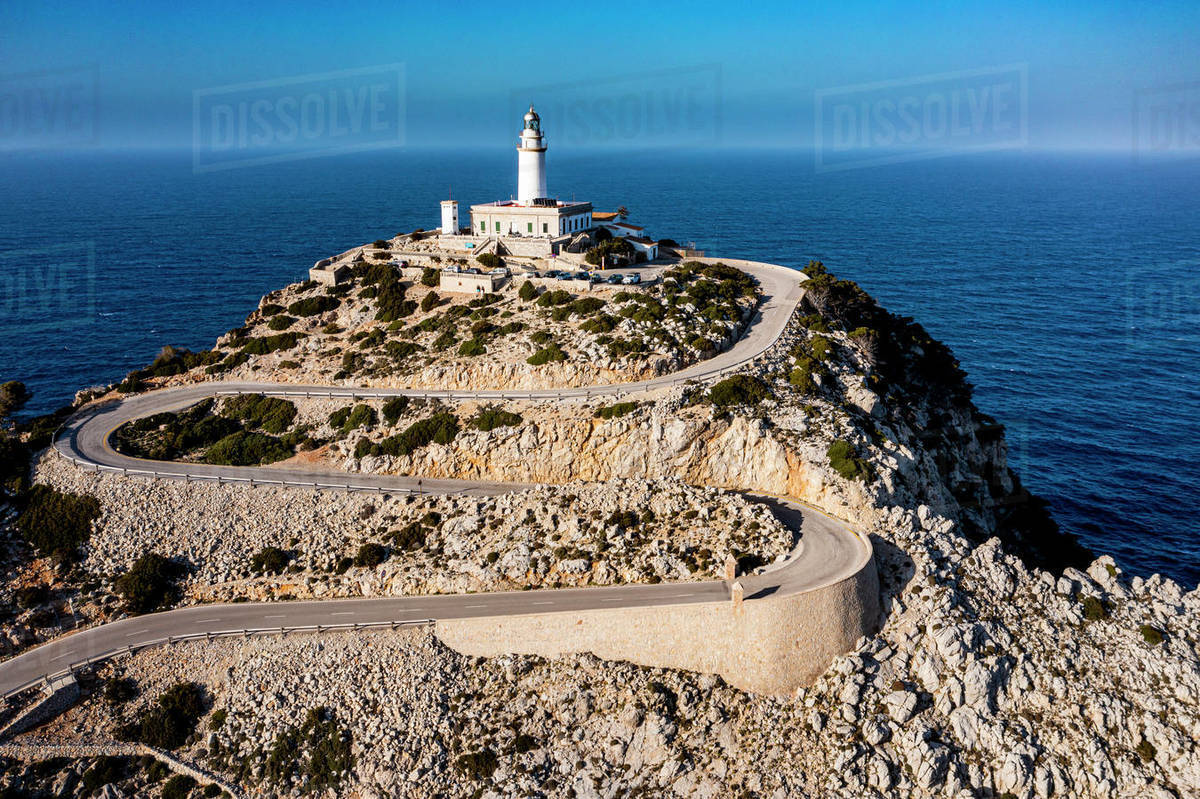 Aerial of the lighthouse at the Cap de Formentor, Mallorca, Balearic ...