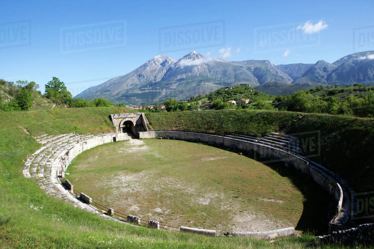Full view of Alba Fucens ancient Roman Amphiteather, Abruzzo, Italy ...