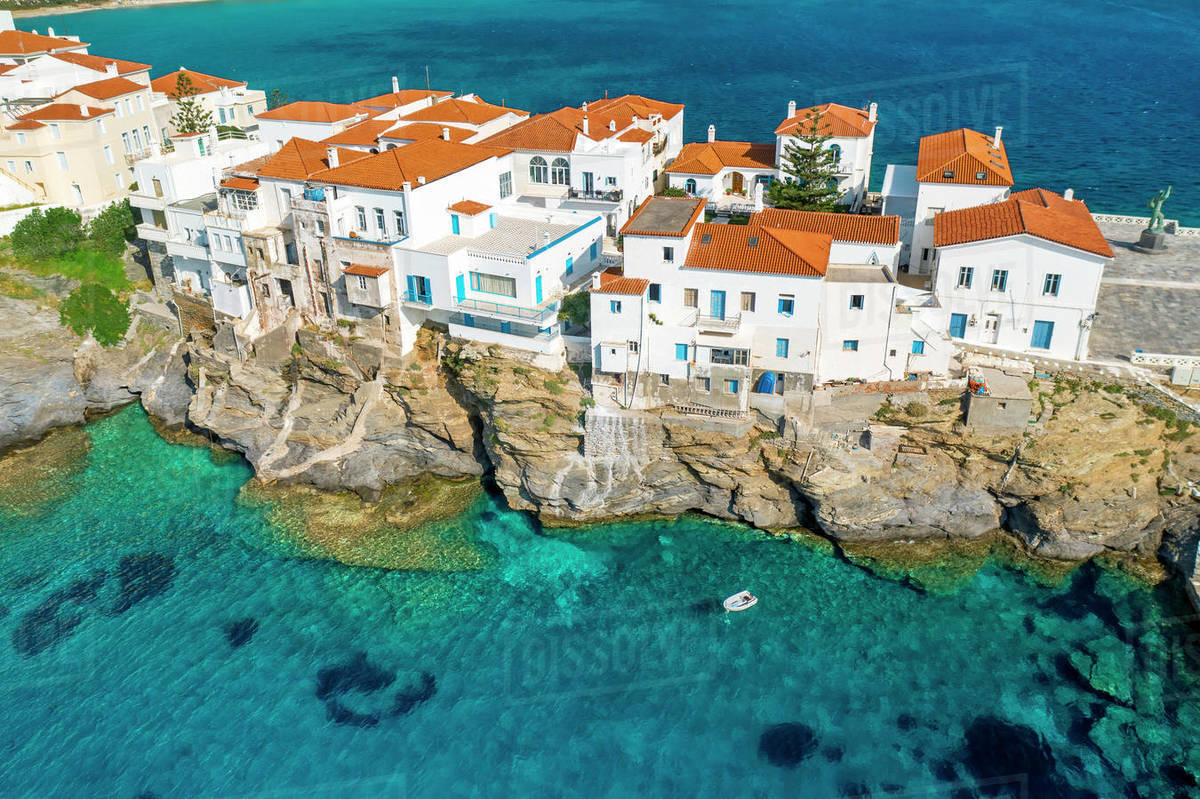 Aerial drone view of iconic and picturesque Andros (Chora) Andros ...