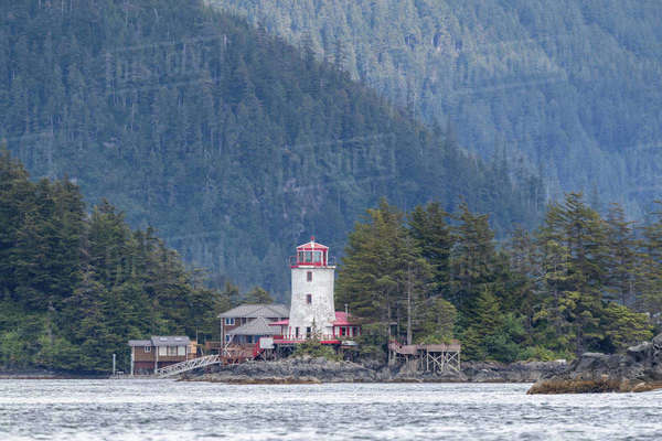 A lighthouse just outside the city of Sitka, Sitka Sound, Southeast ...