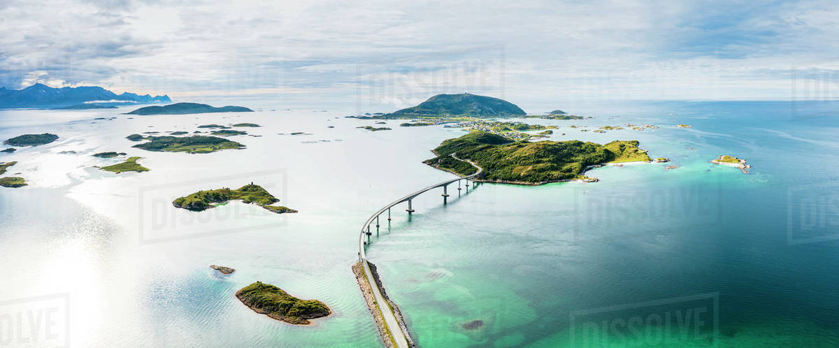 Aerial panoramic of Sommaroy bridge and crystal sea, Sommaroy, Troms ...