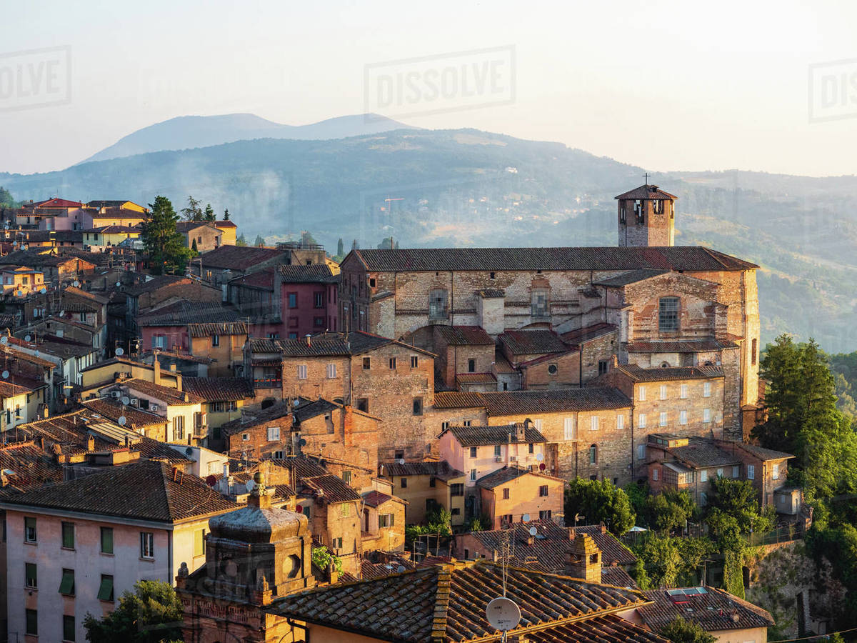 View of Perugia's cityscape from Porta Sole viewpoint at sunrise ...