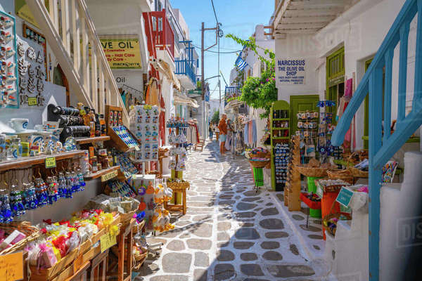 View of shops on narrow street, Mykonos Town, Mykonos, Cyclades Islands ...