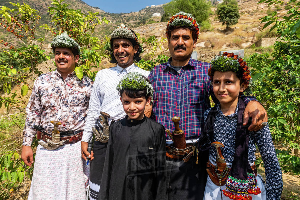 Traditional dressed men of the Qahtani Flower men tribe, with his sons ...