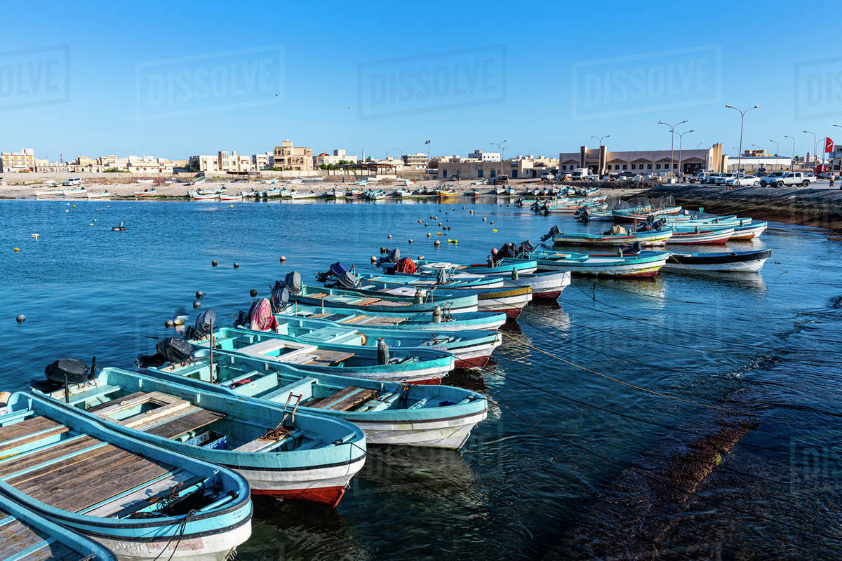 Fishing port of Mirbat with small fishing boats, Salalah, Oman, Middle ...