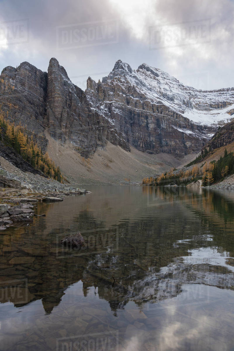 Mount Niblock and Mount Whyte at Lake Agnes with autumn Larches, Banff ...