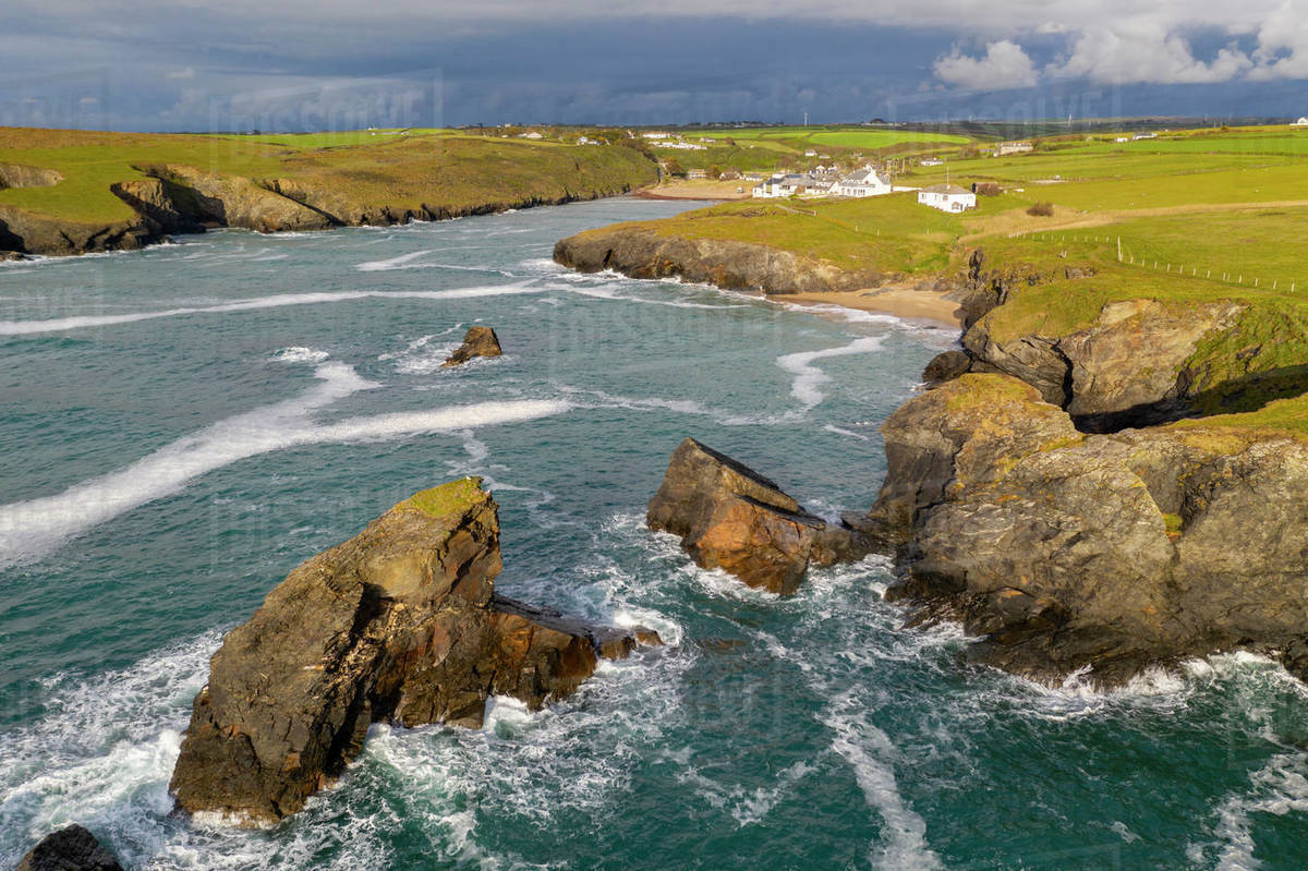 Aerial view of Porthcothan Bay on the North Cornwall coast, Cornwall ...
