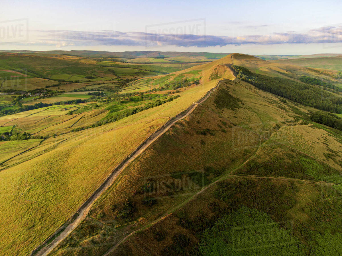 Aerial view of The Great Ridge at dusk, Peak District, Derbyshire ...