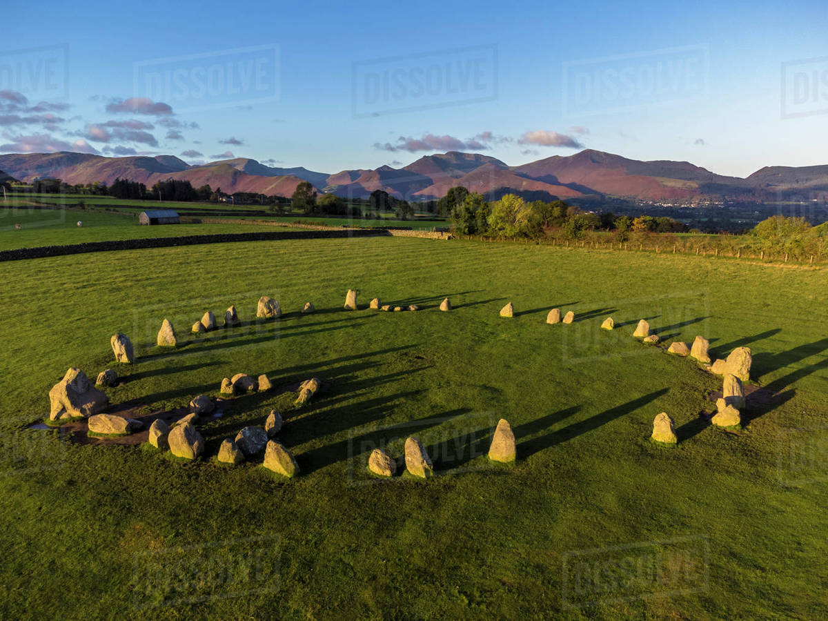 Aerial view of Castlerigg Stone Circle and Catbells, Lake District ...