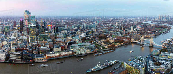 Panorama of City of London skyline and River Thames from above ...