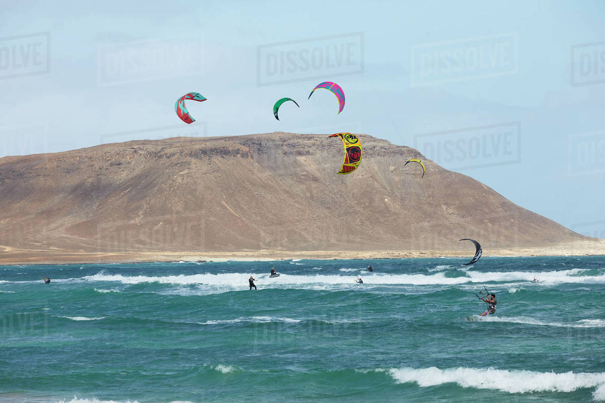 Kite-surfing at Costa da Fragata beach, on the east coast of Sal, Cape ...