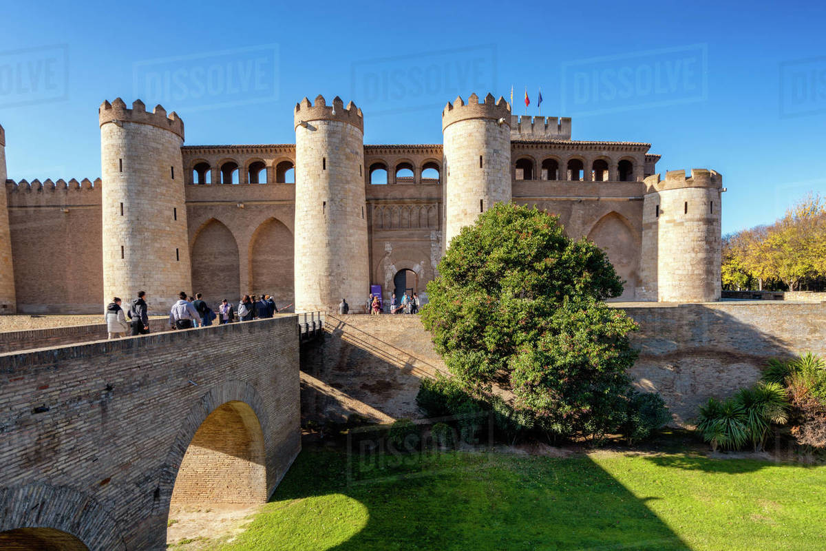 Aljaferia fortified medieval Islamic palace building exterior, Zaragoza ...