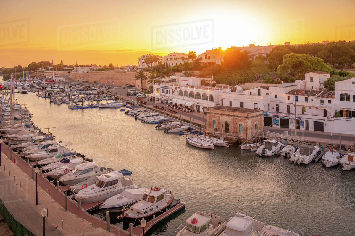 View of marina at sunset from elevated position, Ciutadella, Menorca, Balearic Islands, Spain ...