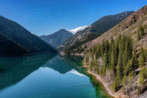 Aerial of the Lower Kolsai Lake, Kolsay Lakes National Park, Tian Shan ...