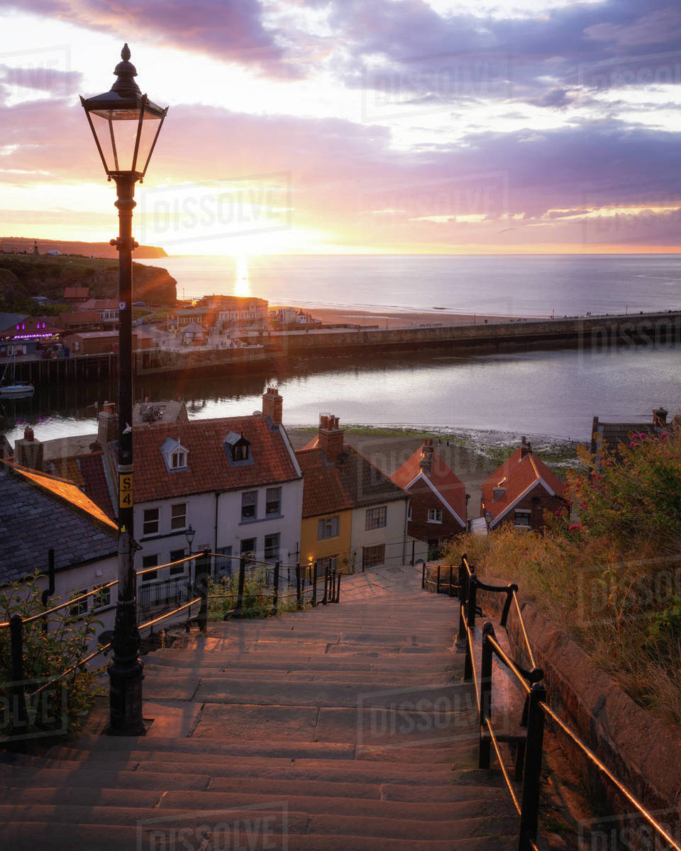 The 199 Steps of Whitby at sunset, Whitby, North Yorkshire, England ...