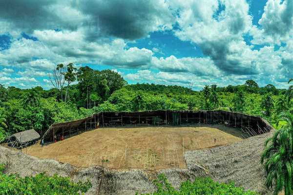 Aerial of a shabono (yanos), the traditional communal dwellings of the ...