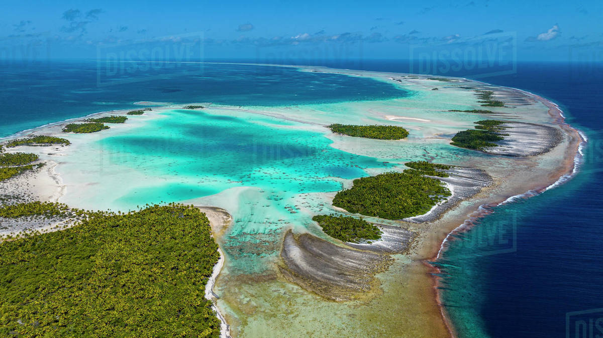 Aerial of the Blue Lagoon, Rangiroa atoll, Tuamotus, French Polynesia ...