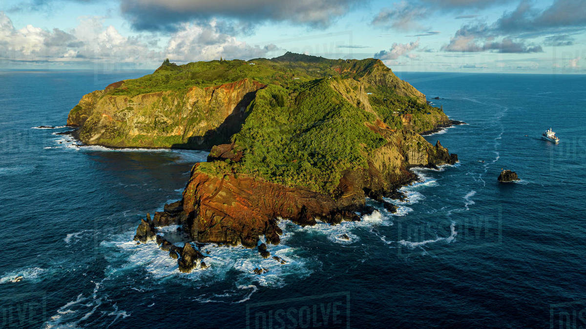 Aerial of Pitcairn island with St. Pauls Pool, British Overseas ...