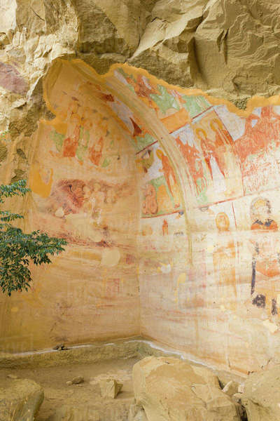 Medieval frescos on wall, David Gareja Monastery complex, Sagarejo ...