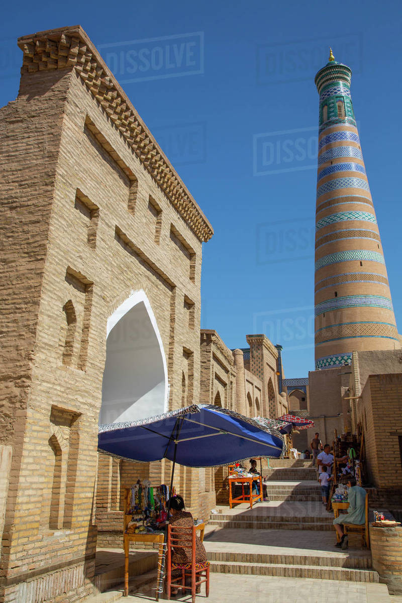 Shopping Street, Islam Khoja Minaret in the background, Ichon Qala ...
