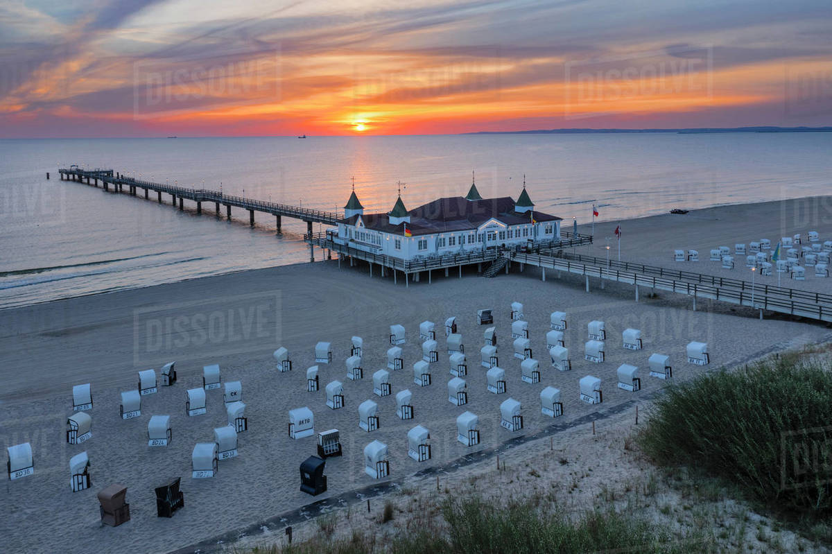 Pier and beach chairs on the beach of Ahlbeck, Usedom Island, Baltic ...