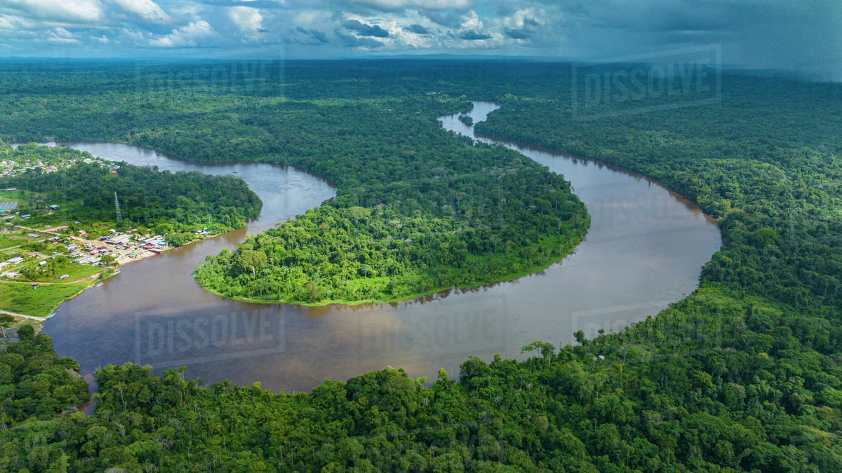 Aerial of the Suriname River at Pokigron, Suriname, South America ...