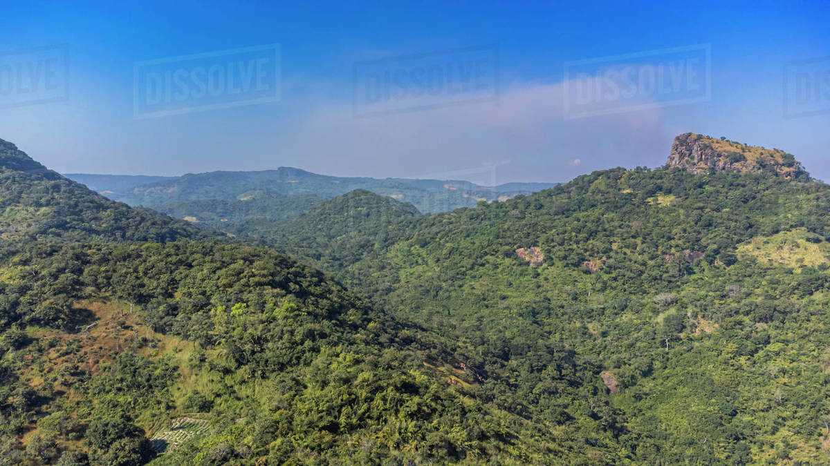 Aerial of the forested mountains near Mamou, Futa Djallon, Guinea, West ...