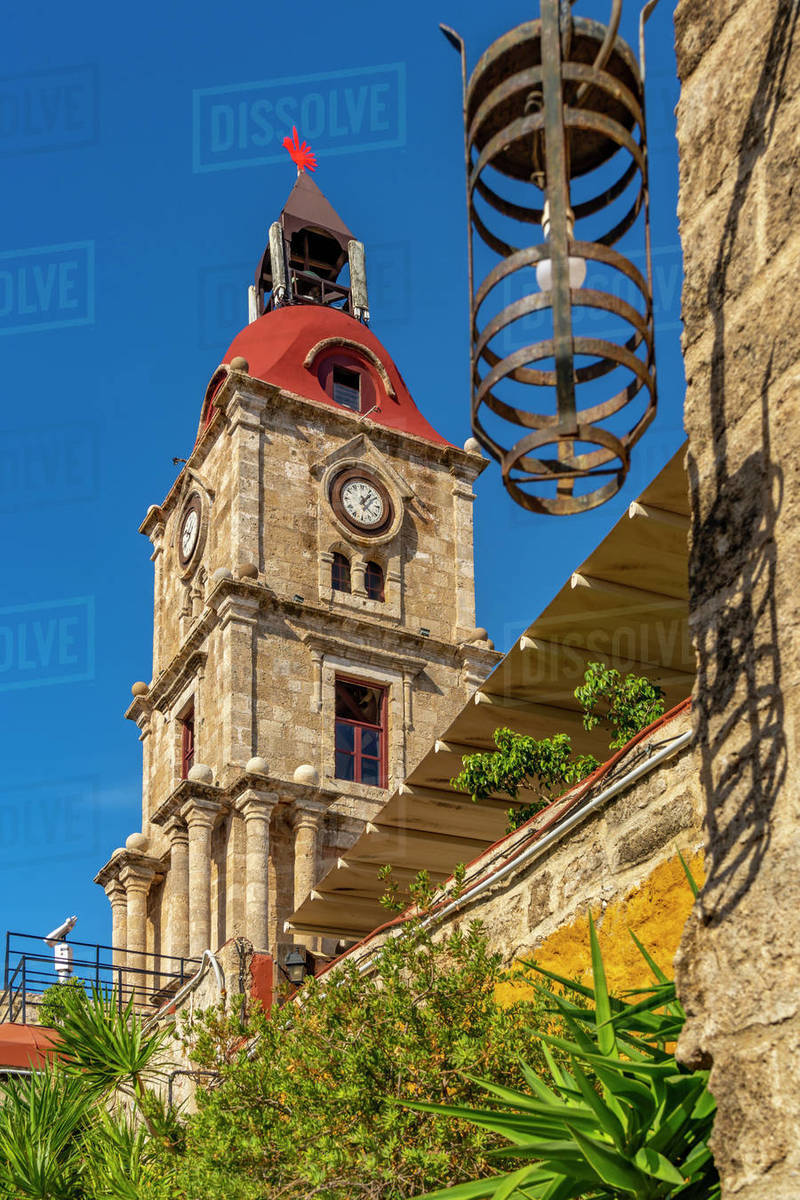 View of Medieval Clock Tower, Old Rhodes Town, UNESCO World Heritage ...