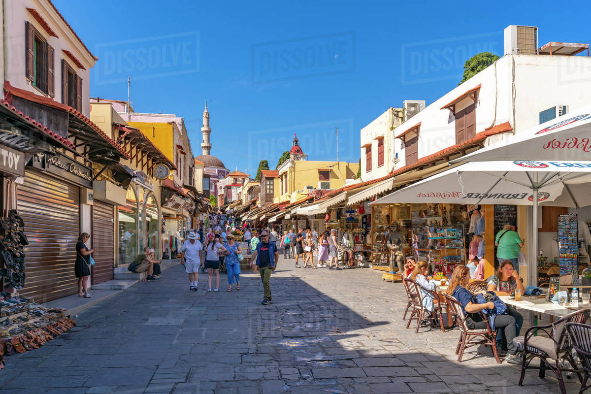View of Mosque of Suleiman and shops on Soktratous, Old Rhodes Town ...