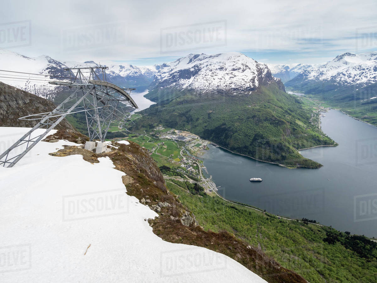 A view of the town of Loen from the aerial tramway Loen Skylift from Mount Hoven above Nordfjord ...