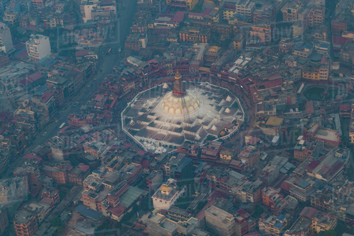 Aerial of the Boudhanath Stupa, UNESCO World Heritage Site, Kathmandu ...