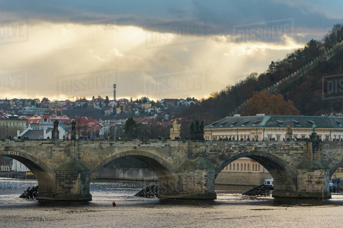 Charles Bridge against dramatic sky, UNESCO World Heritage Site, Prague ...
