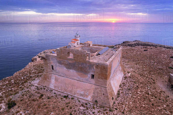 Aerial view of the fortified tower with the light house built on top of ...