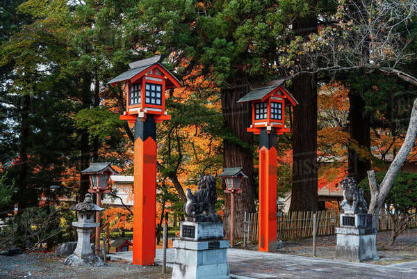 Beautiful red Shinto lanterns at a Shinto Shrine in North Honshu, Japan ...