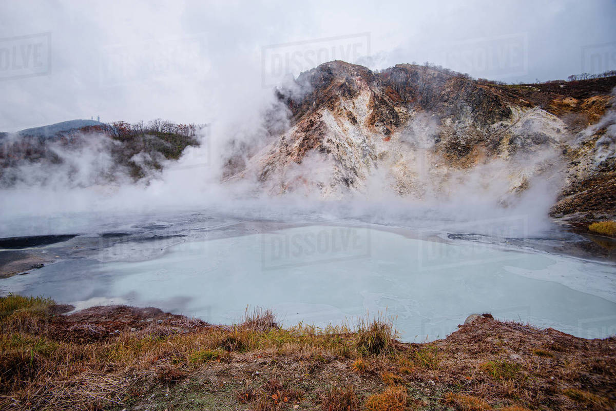 Volcanic field and steaming pond in Noboribetsu, Hell Valley, Hokkaido ...