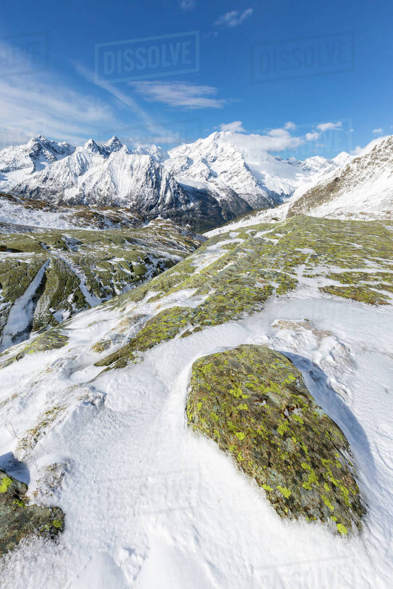 Sunshine and snow at Alpe Fora with Monte Disgrazia in the background ...