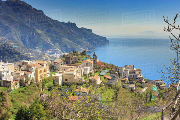 Hamlet of Torello, near Ravello, view down Amalfi Coast to Maiori in ...