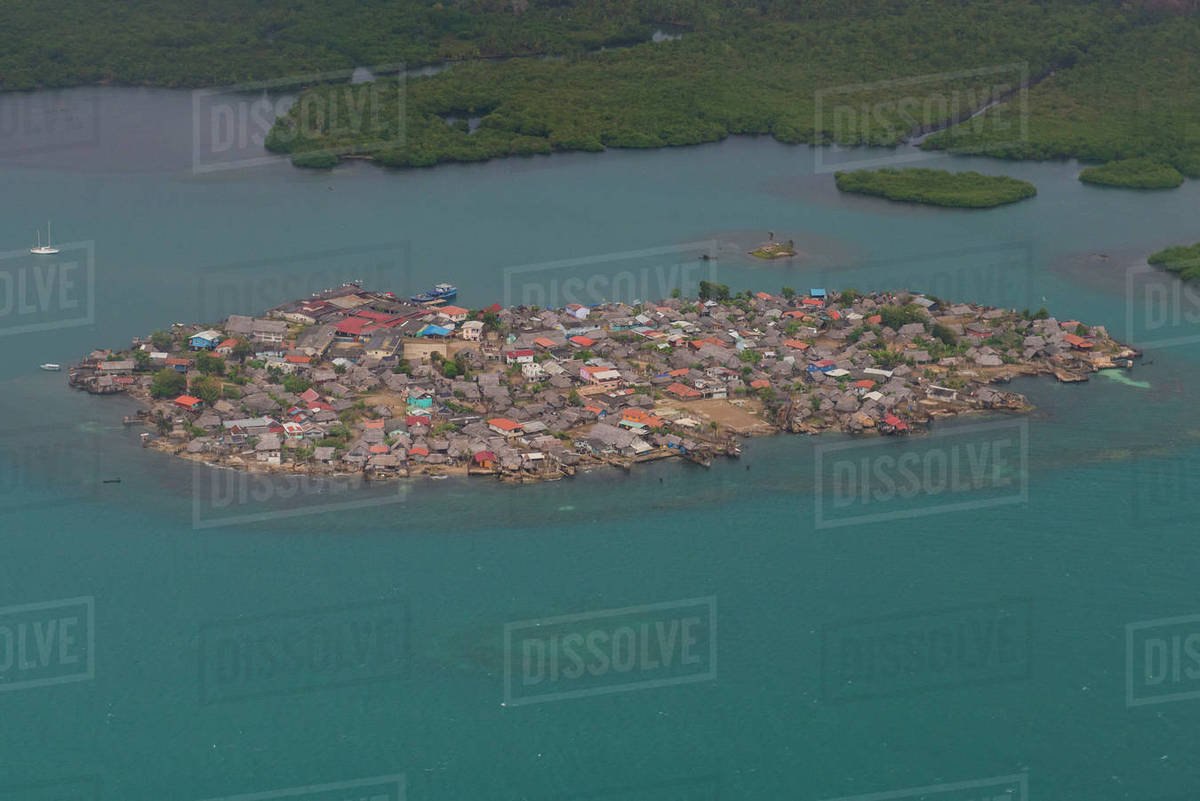 Aerial of a densely populated island, San Blas Islands, Kuna Yala ...