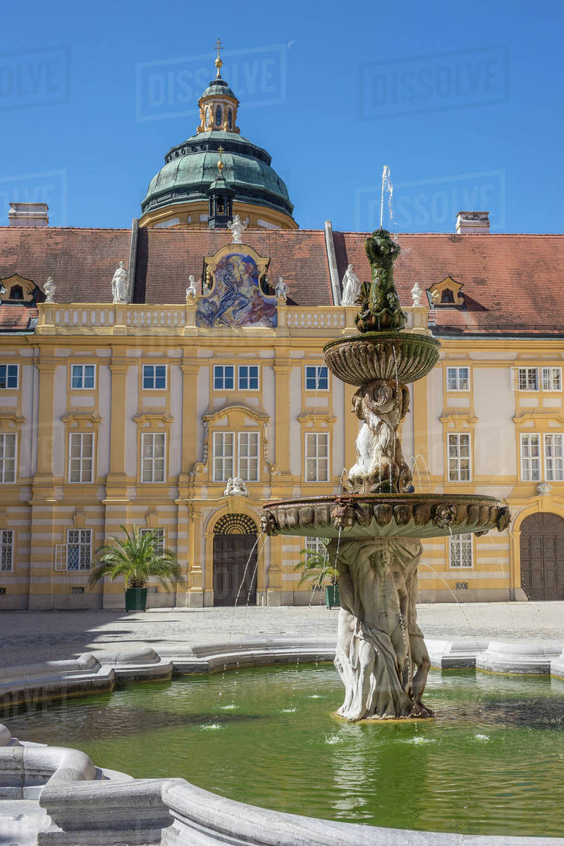 Fountain in courtyard of Abbey, Melk, UNESCO World Heritage Site, Lower ...