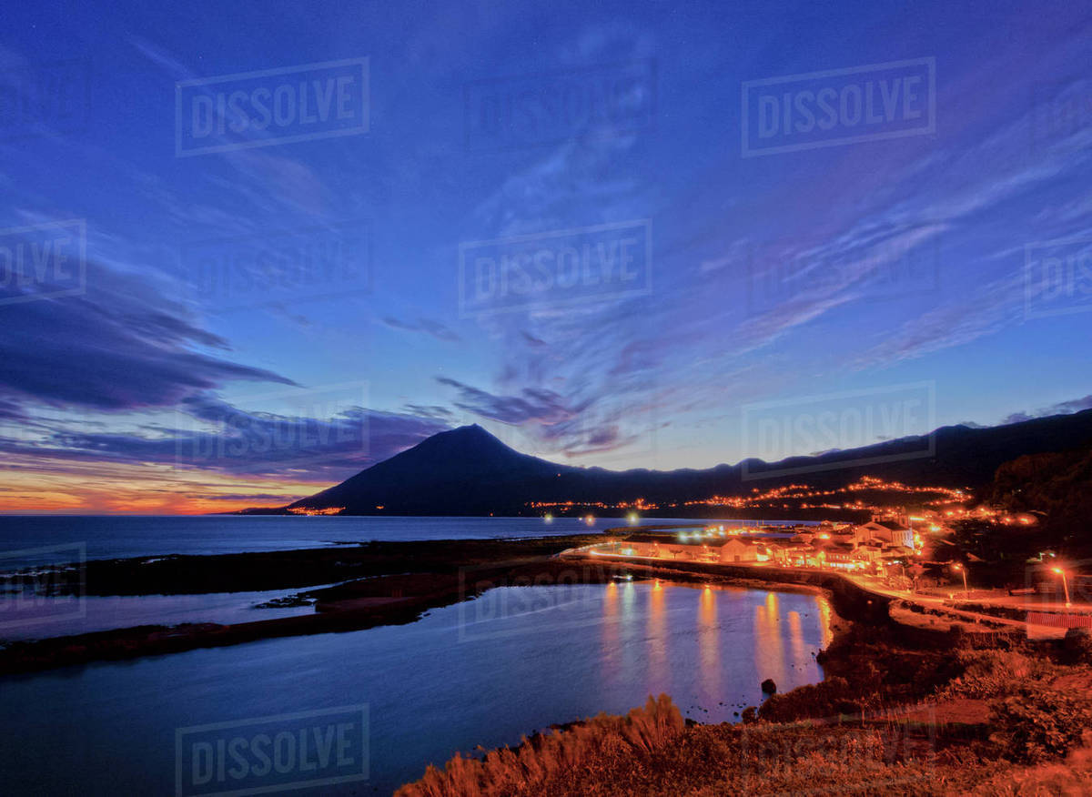 Lajes do Pico and Pico Mountain at dusk, Pico Island, Azores, Portugal ...