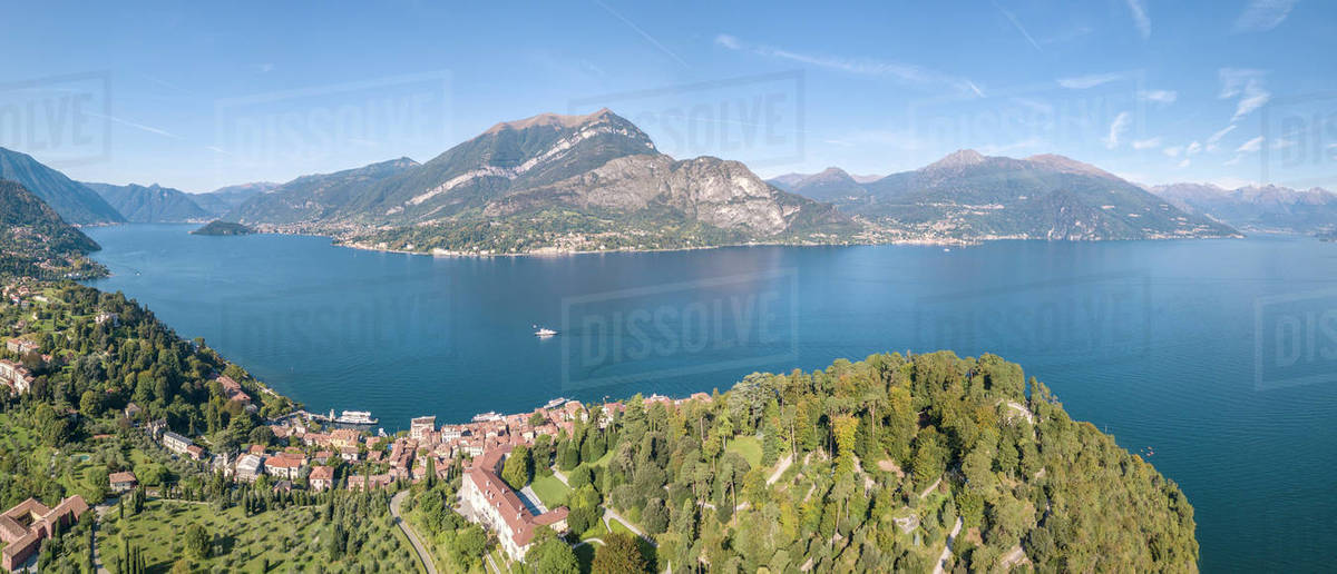 Panoramic aerial view of Bellagio on green promontory on the shore of ...