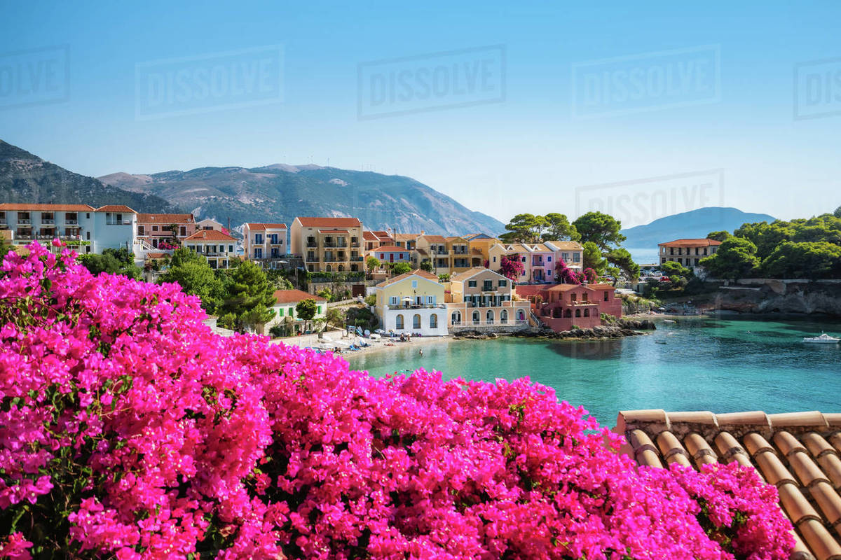 Assos on Cephalonia Kefalonia Ionian island in Greece. Vivid pink ...