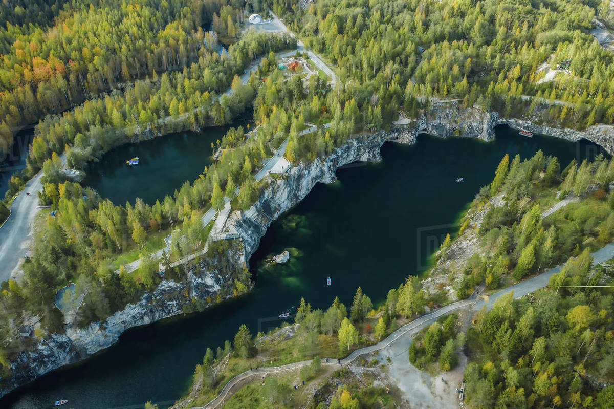 Aerial view of Marble canyon in the mountain park of Ruskeala,Karelia ...