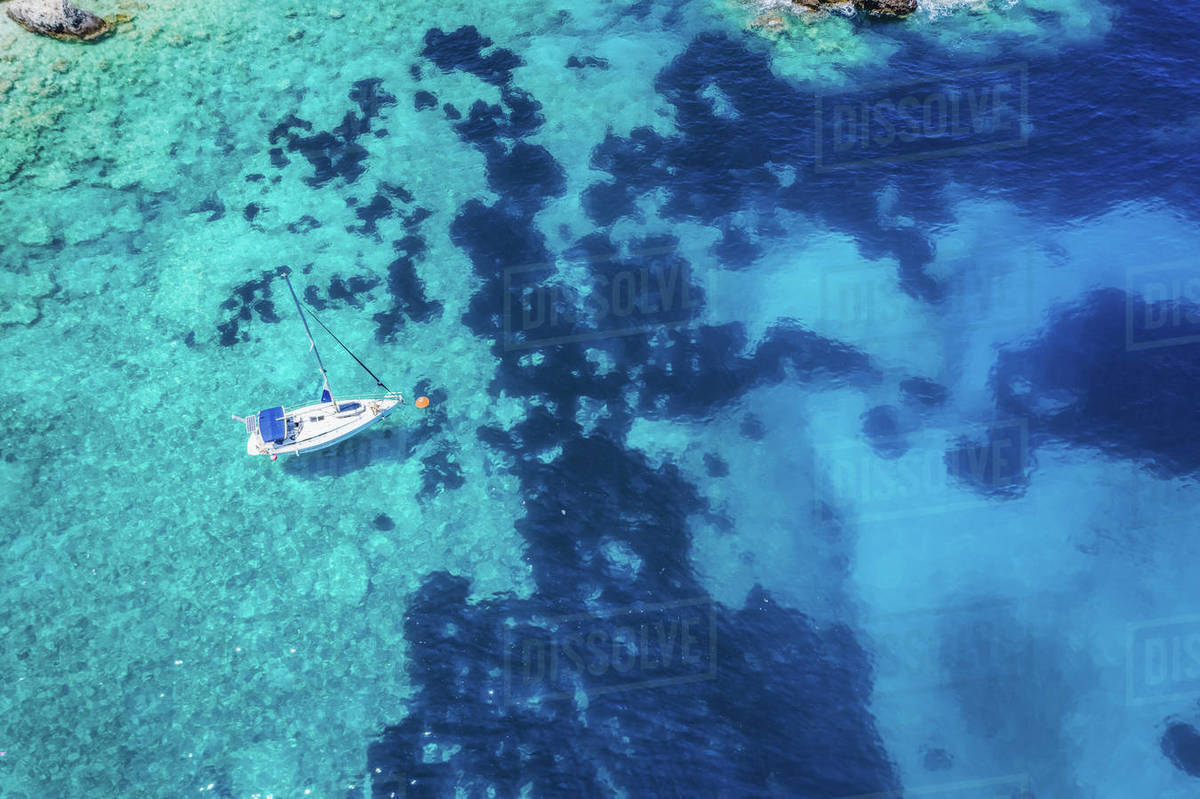 Aerial top down view of Fteri beach on the Ionian island of Kefalonia ...