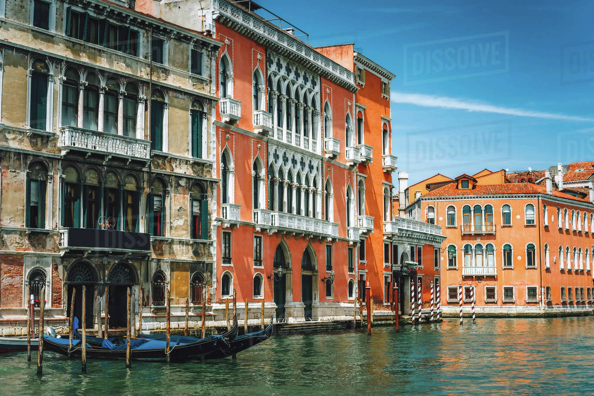 Old ancient facades of houses on Grand Canal, Venice, Italy. Vintage ...