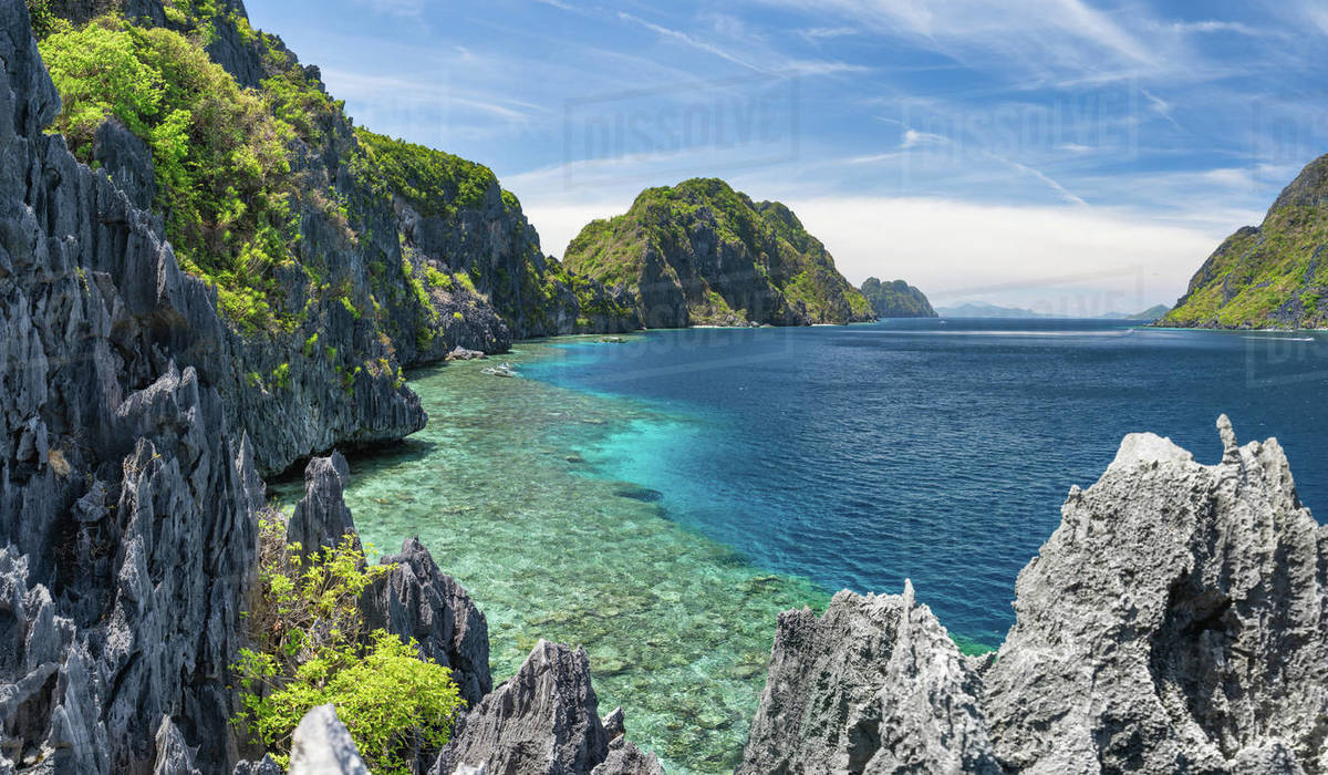 El Nido, Palawan, Philippines. Tapiutan strait with tourist boats. View ...