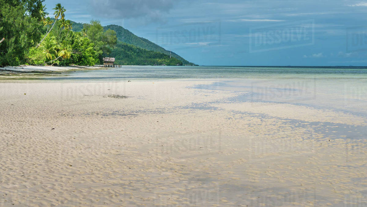White Sand during Low tide, Water Hut of Homestay in Background on Kri ...