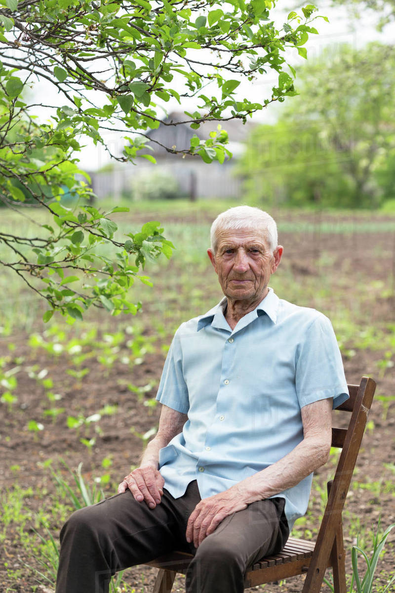 Portrait of smiling senior man sitting on a chair in the garden ...