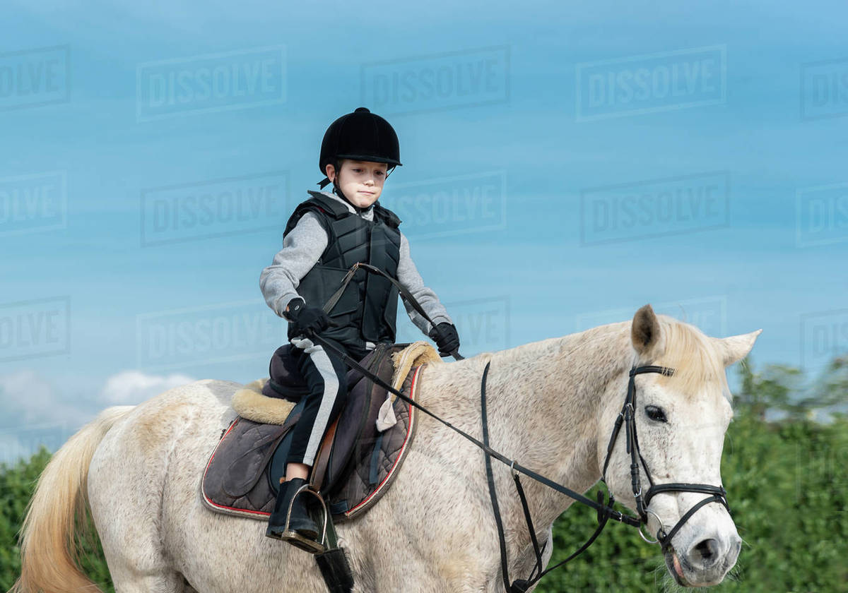 Boy horseback riding at ranch - Stock Photo - Dissolve