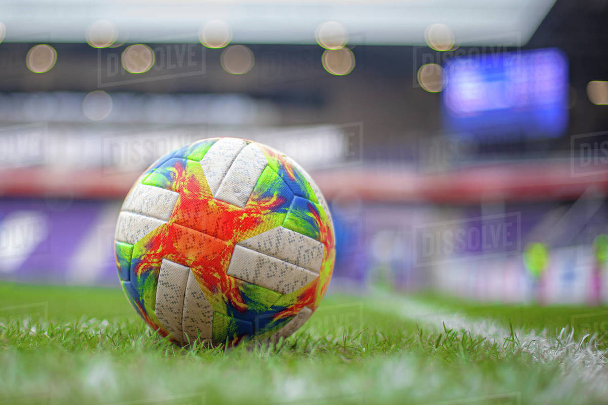 Soccer ball on the football pitch before the final match two teams ...